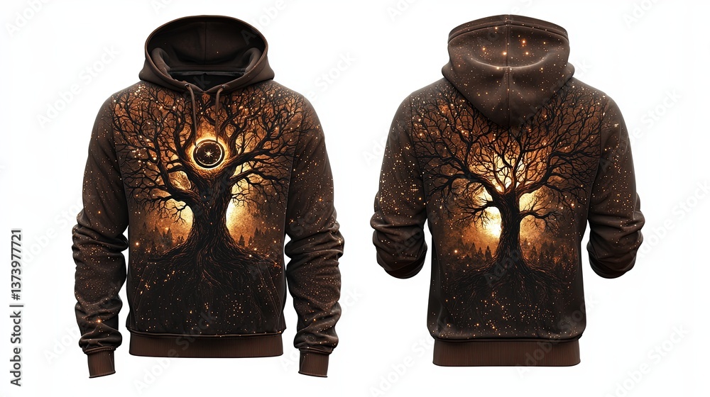 Earthy brown male hoodie, front and back view, sacred grove theme ...