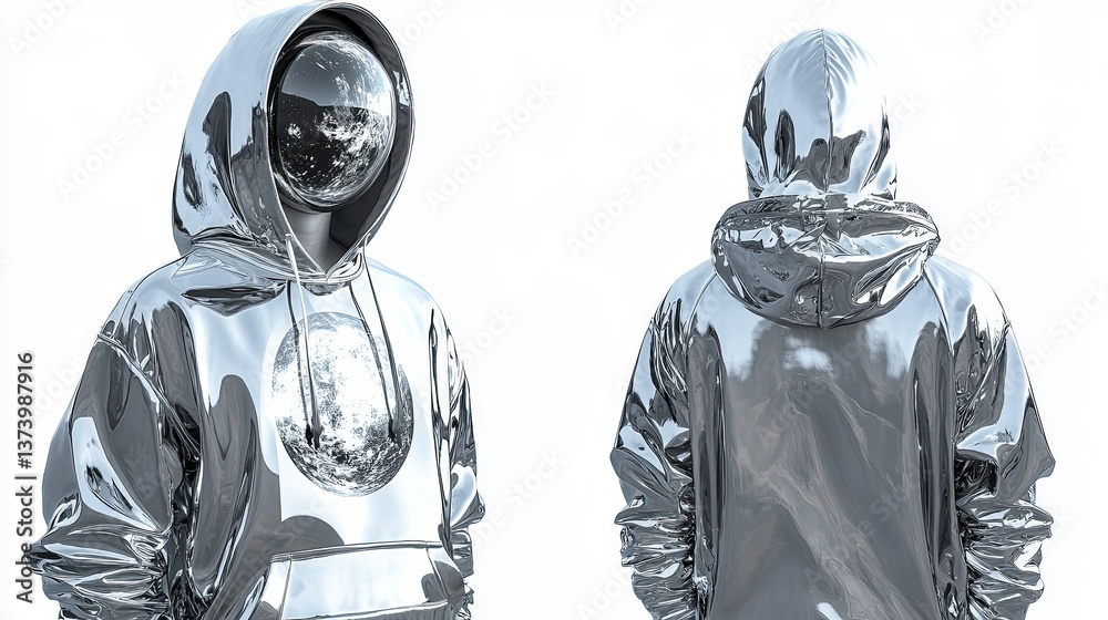 Metallic chrome male hoodie, front and back view, space station view ...