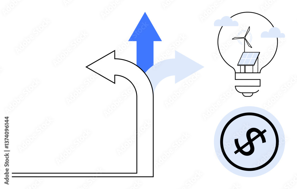 Arrow branching paths, blue arrow moving upward, lightbulb with solar ...