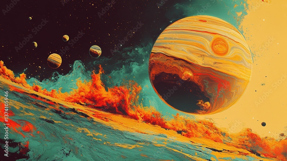 A gas giant with swirling red and yellow storms, 6 moons orbiting ...
