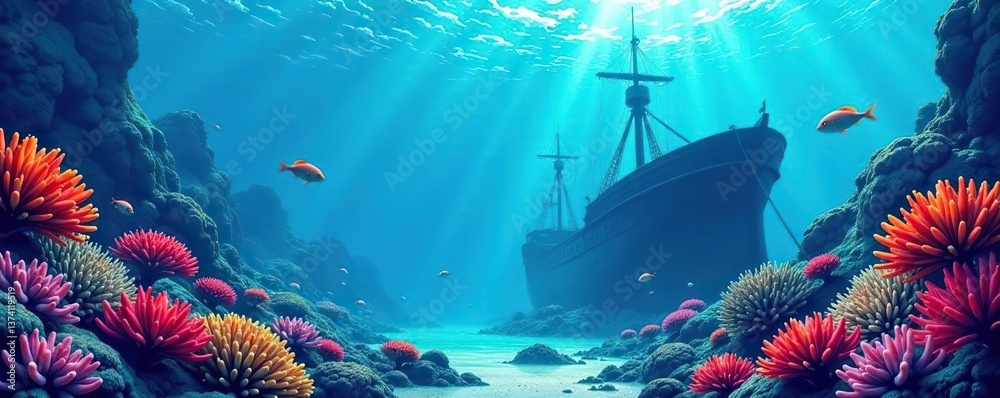 Vibrant and colorful underwater landscape featuring coral reefs, sunken ...