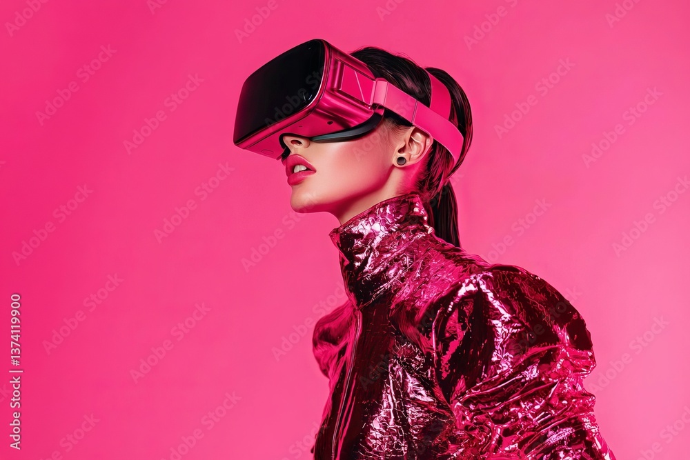 The picture shows a sexy girl wearing VR glasses, representing a futuristic fashion style that ...