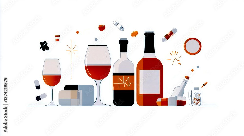 Wine and medication interaction concept with pills and bottles National ...