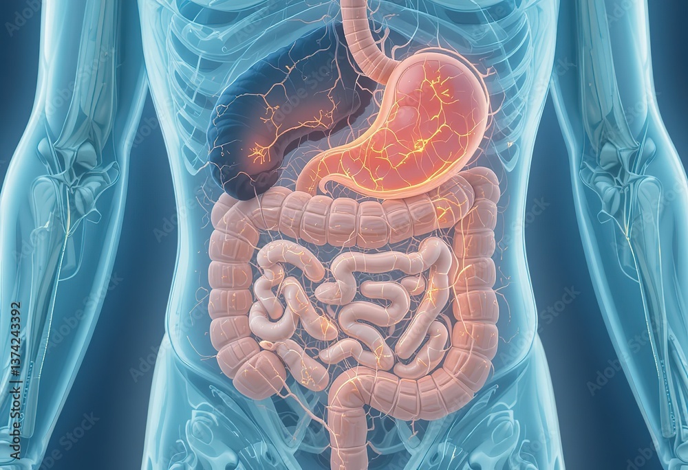 Human body with inflamed stomach, intestines. Gastritis illustration ...