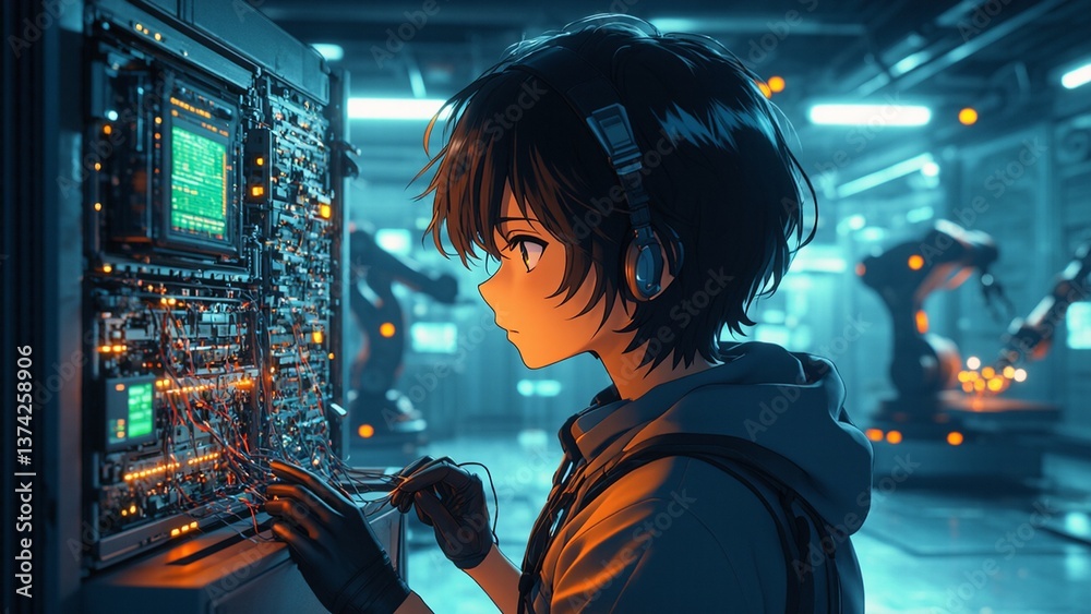 Anime programmer connects wires within data center server rack ...