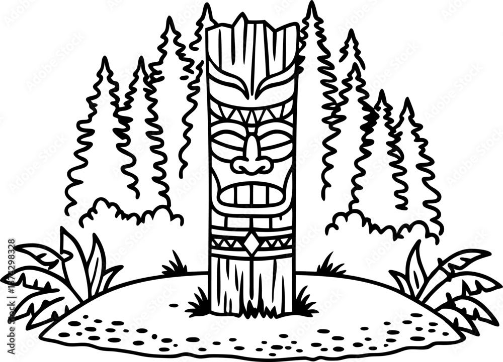 Stylized tiki totem in forest setting with tribal designs and pine ...