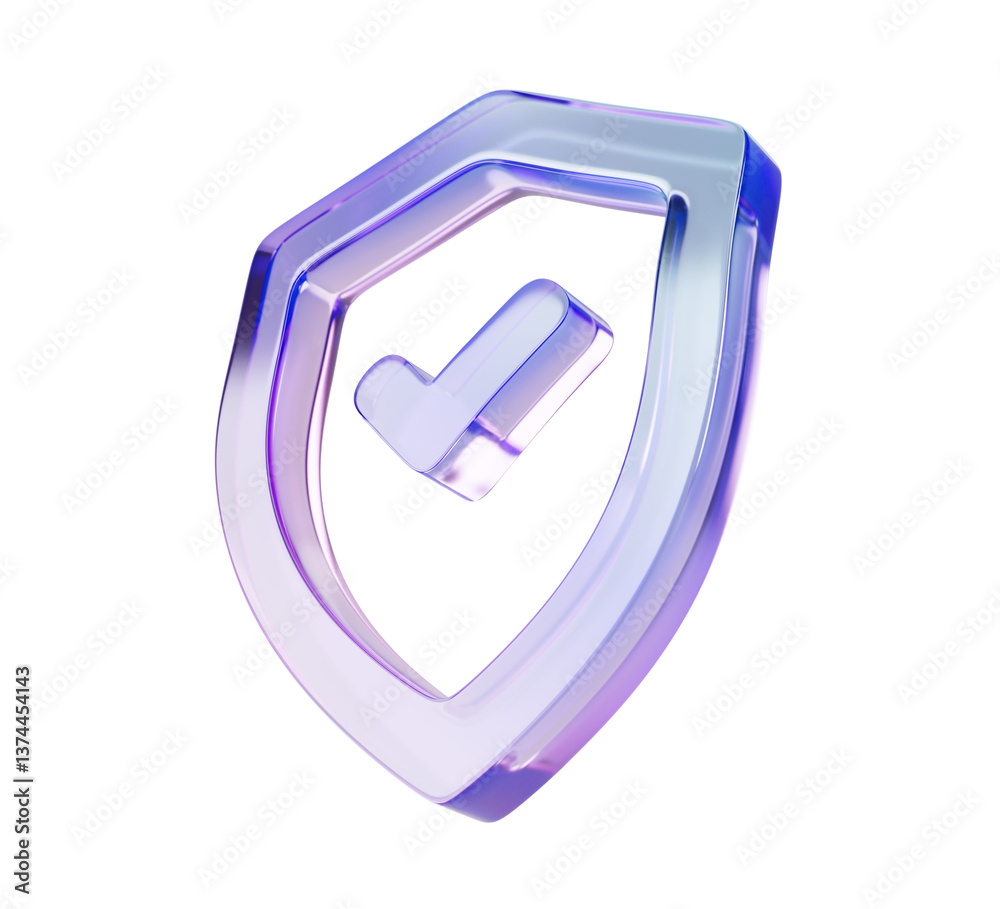 3d glass holographic shield frame with tick sign isolated render icon ...