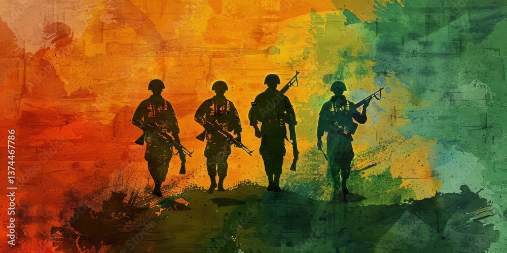 Indian soldiers patrolling the border, rifles slung over their ...