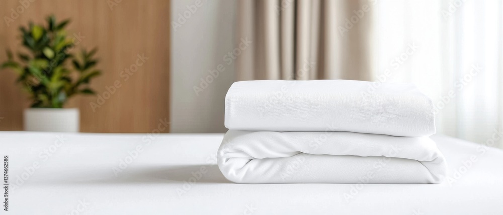Stack of folded white sheets on a white bed. the sheets are neatly ...