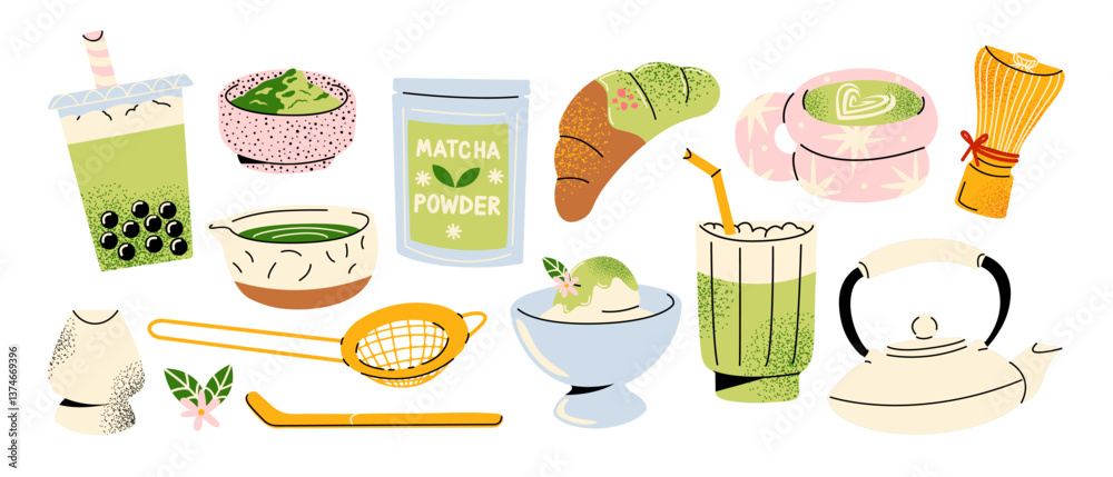 Cartoon set of matcha green tea. Fresh drink, ceramic cup, teapot ...