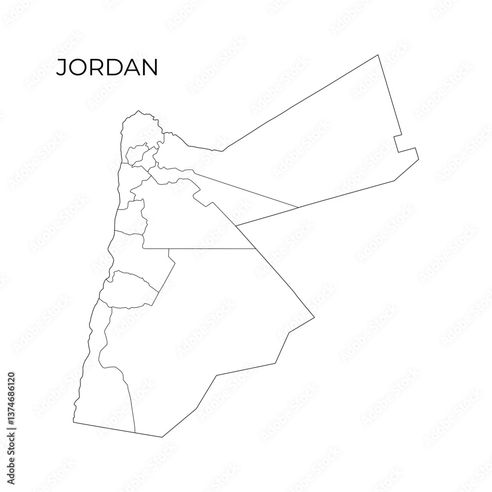 Black and white vector outline map of Jordan, displaying its ...