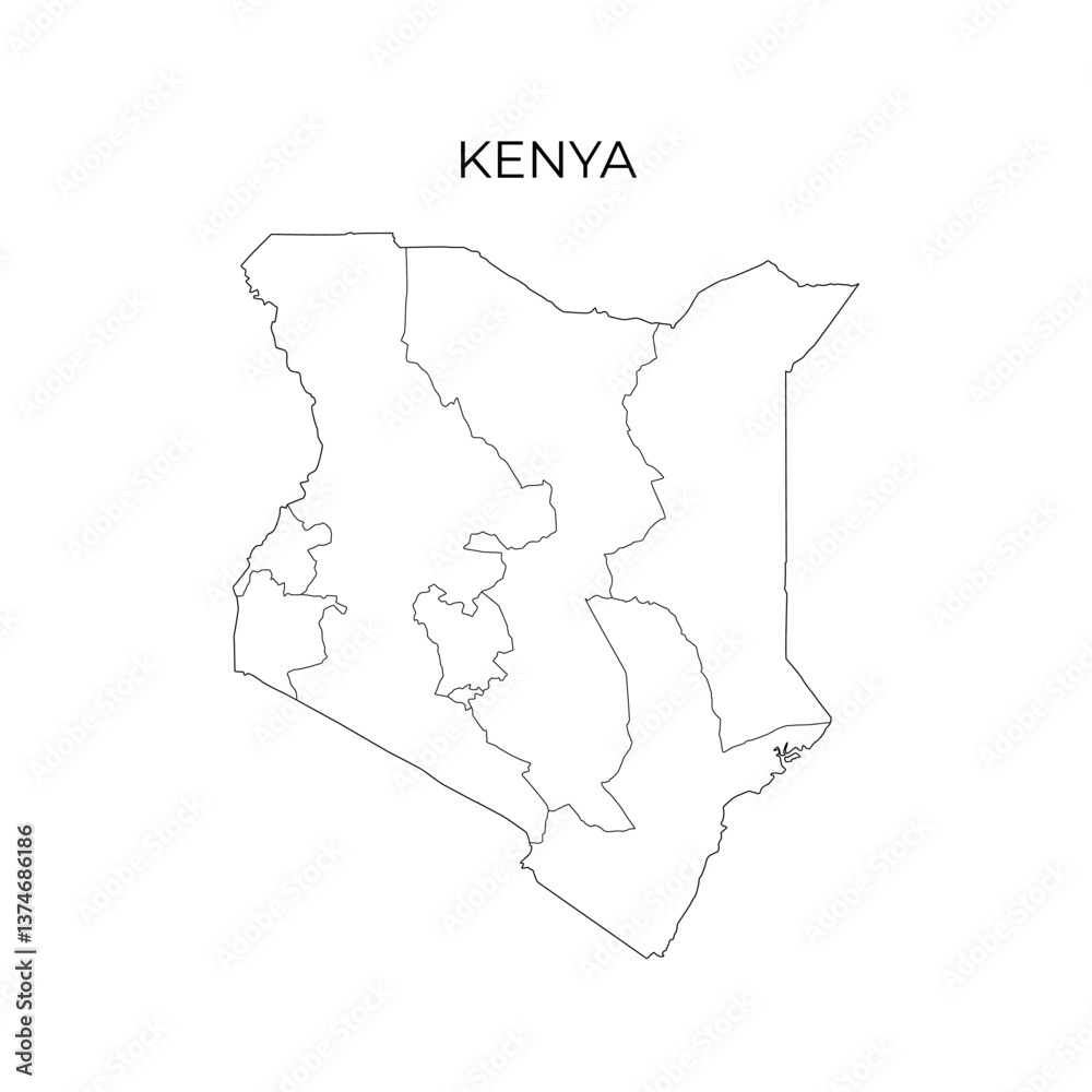 Black and white vector outline map of Kenya, showing its counties and ...