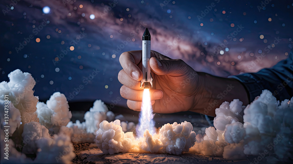 Igniting Ambition: A hand launches a rocket into the vast, starry ...