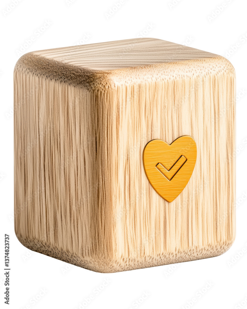 isolated transparent Background. wooden cube with metallic gold heart ...