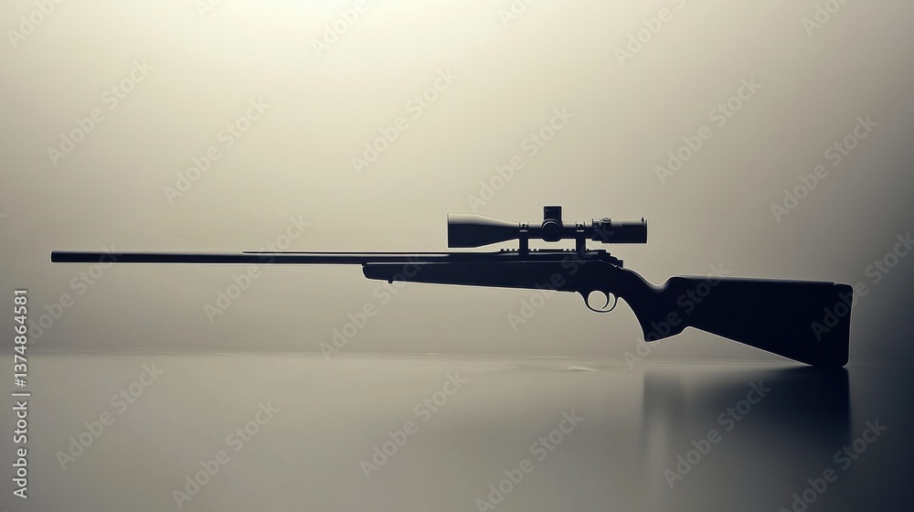 Black Sniper Rifle With A Scope Is Displayed On A Reflective Surface