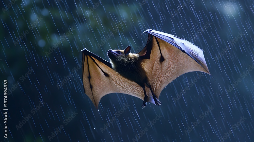 60. A bat flying through a gentle rain, its wings dripping with water ...