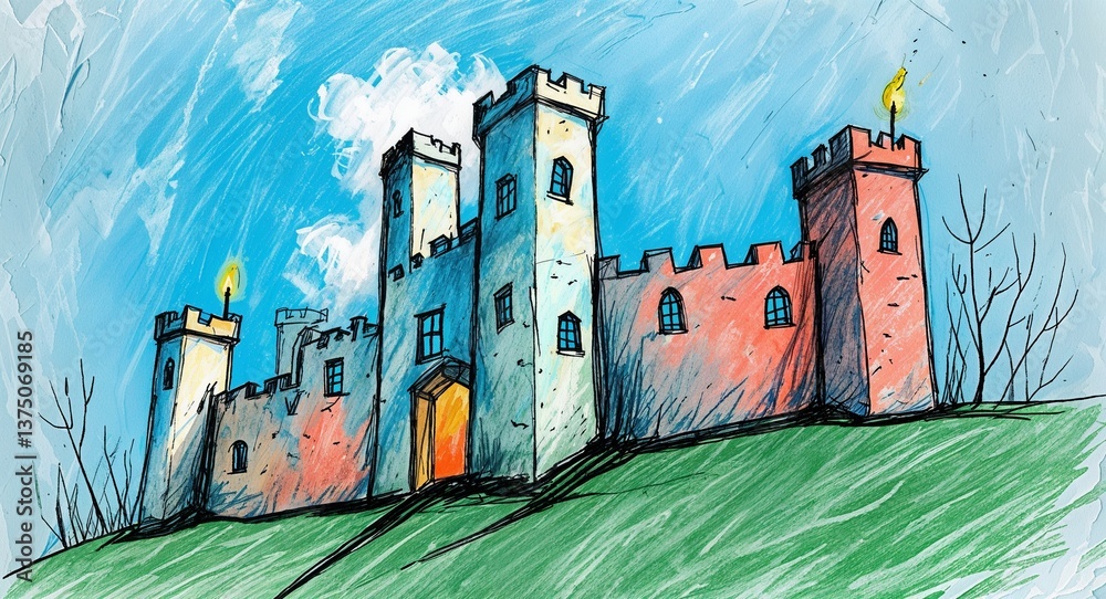 drawing Crumbling stone fortress with torchlit windows on foggy night ...
