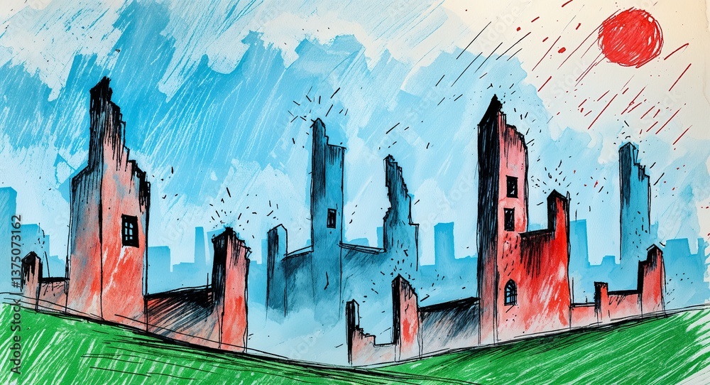 drawing Fog covered city with ruined towers and flickering red lights ...