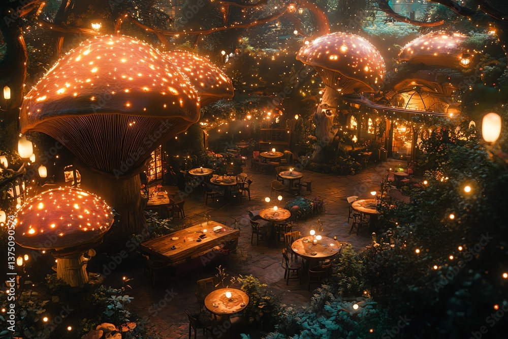 Enchanted fairy tale forest restaurant at night. Giant glowing ...