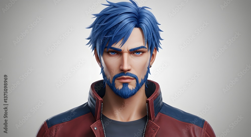 Anime male man with blue hair and beard blue hair anime boy manga style ...