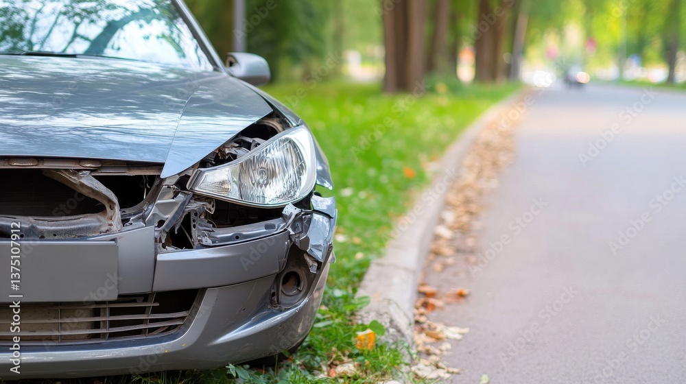 Damaged car parked on the roadside, headlight and bumper broken from ...