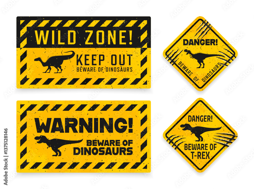 Dinosaur warning signs with claw scratch marks. Beware of dino monster ...