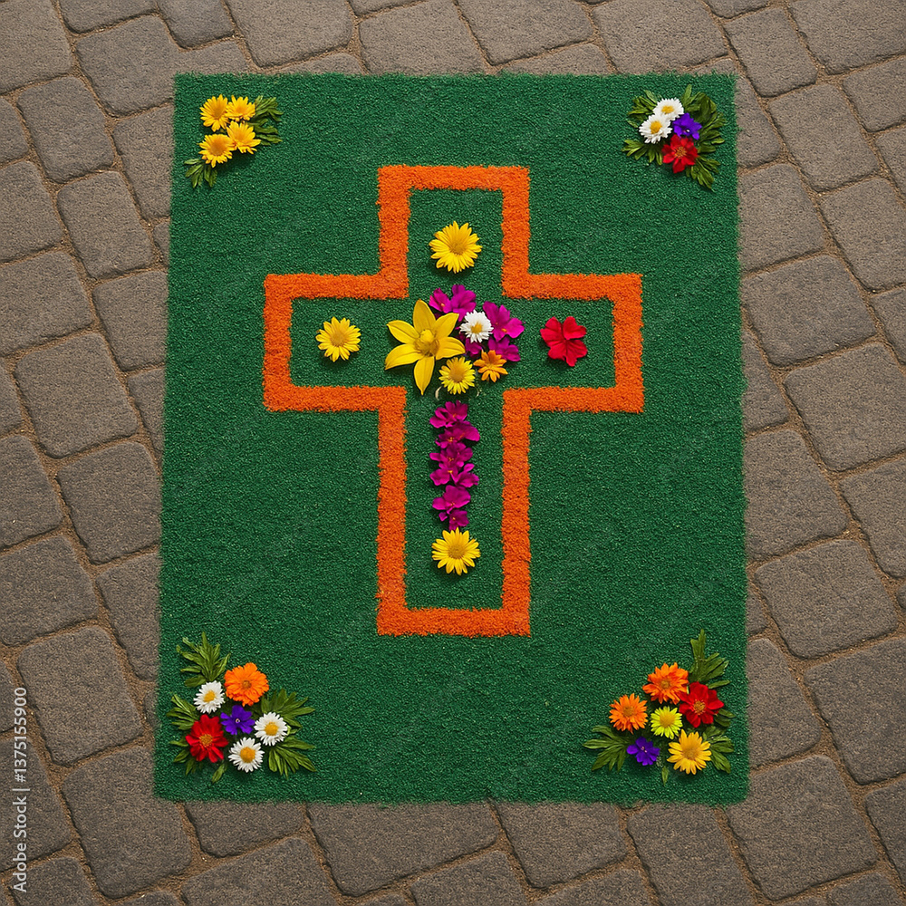 Alfombra de aserrín colorida con flores en calle empedrada, tradición ...