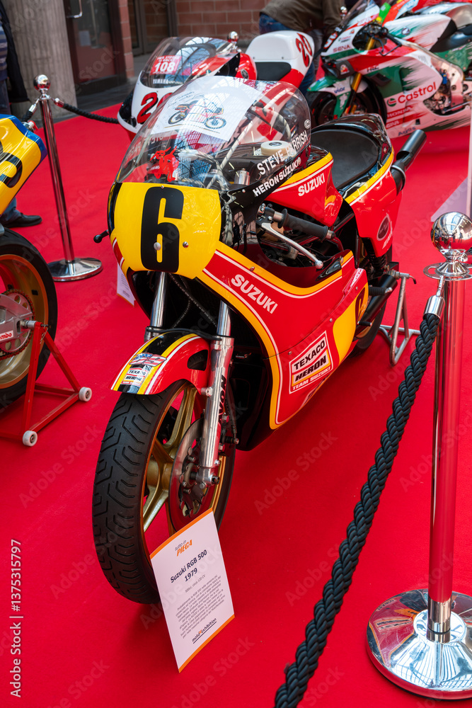 Modena, Italy : 2025 03 30 Motor Fest Expo Motorbike Front view of a vintage yellow and red ...
