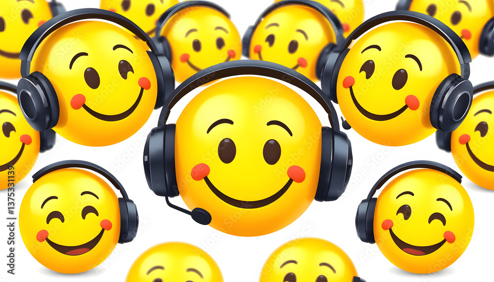 Smiley music emoji vector set. Smileys emoticon with headphones singing ...