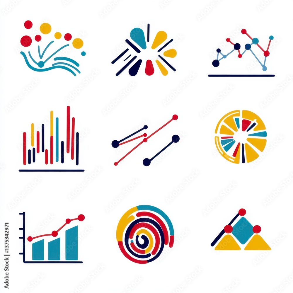 Collection of colorful abstract data charts and graphs. Includes bar ...