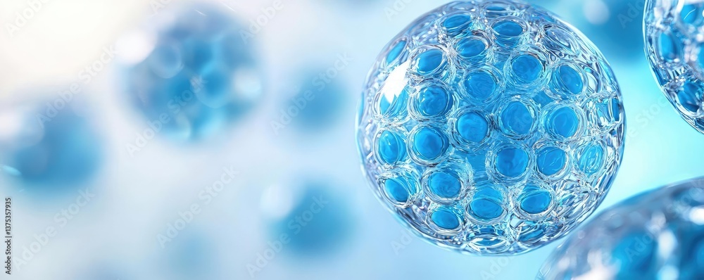 Blue exosome particles with 3D medical visualization concept. Abstract ...