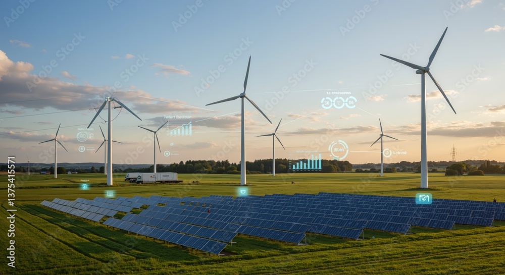 Renewable energy farm with wind turbines and solar panels with digital ...