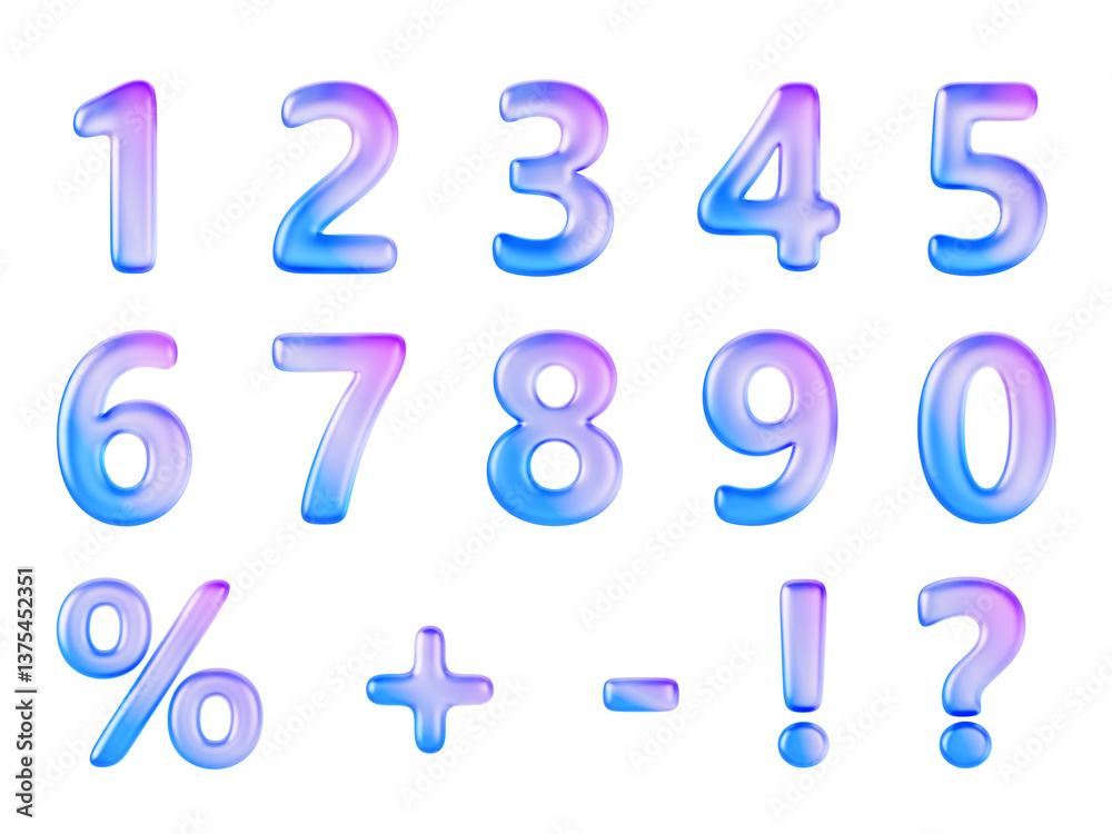 3d glass holographic liquid translucent numbers font from 0 to 9 ...