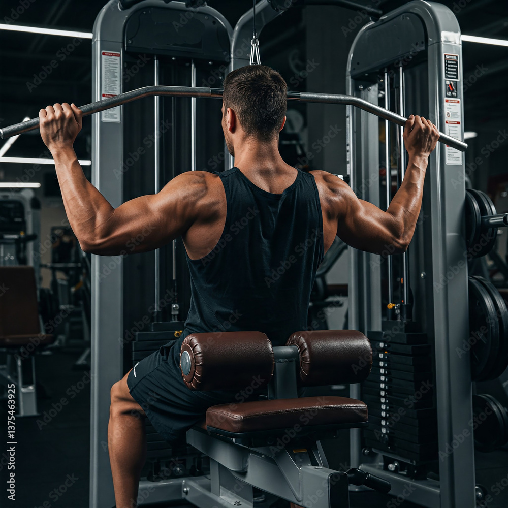 muscular man lifting weights. close up of Shoulder pull down machine ...