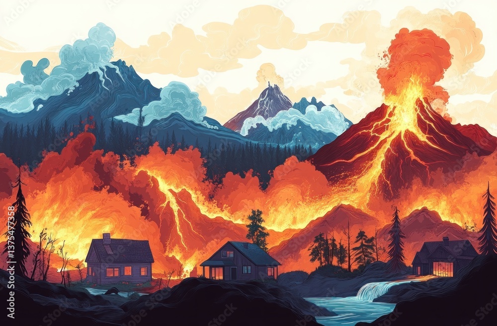 Natural Disasters Illustration Series Colorful Catastrophes Fire Floods ...