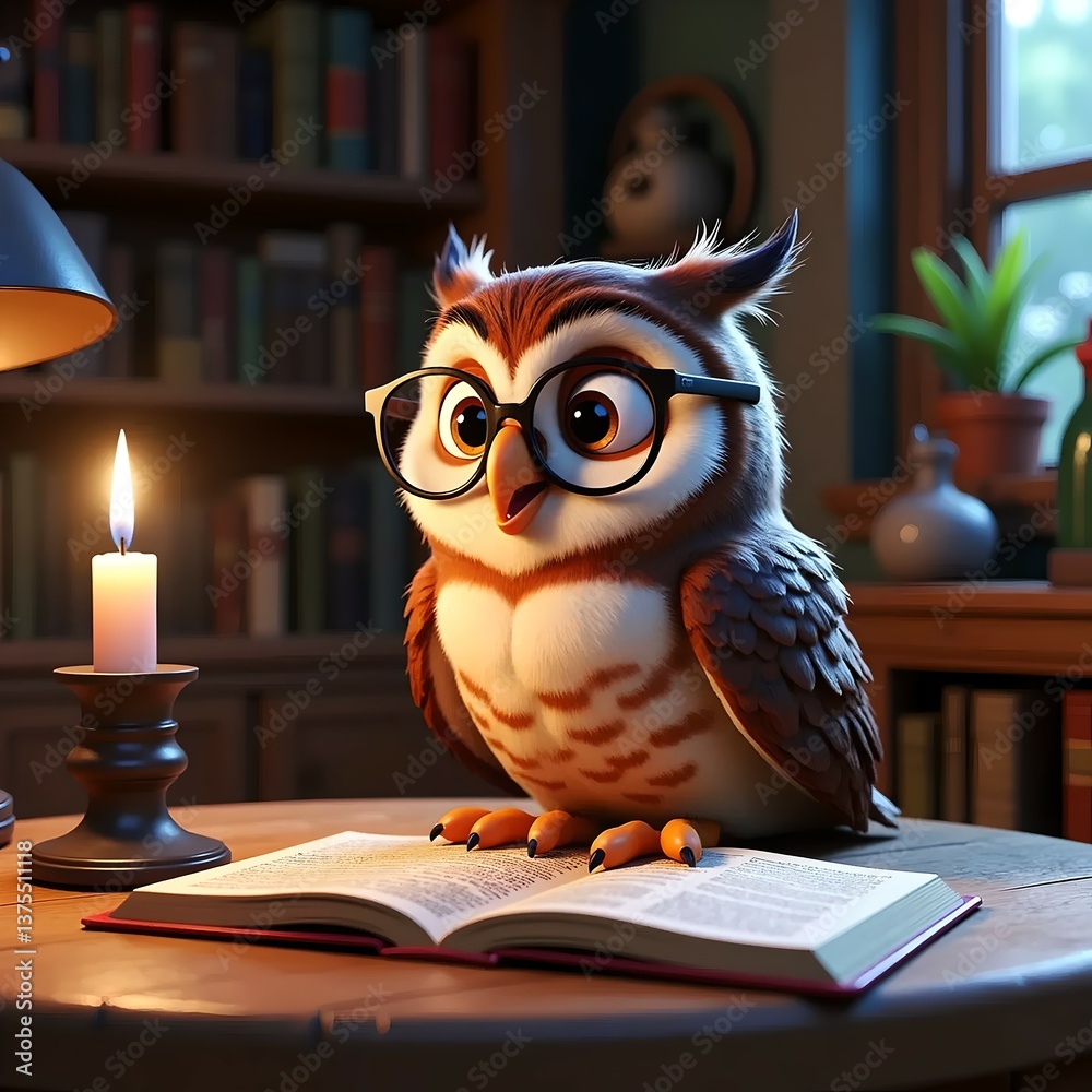 Quirky Wizard's Pet Owl Reading a Magical Book by Candlelight in an ...