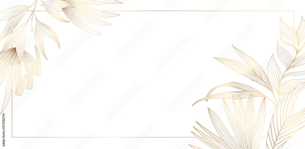 Gold Palm leaves, line art border frame. Bright shiny golden gradient ...