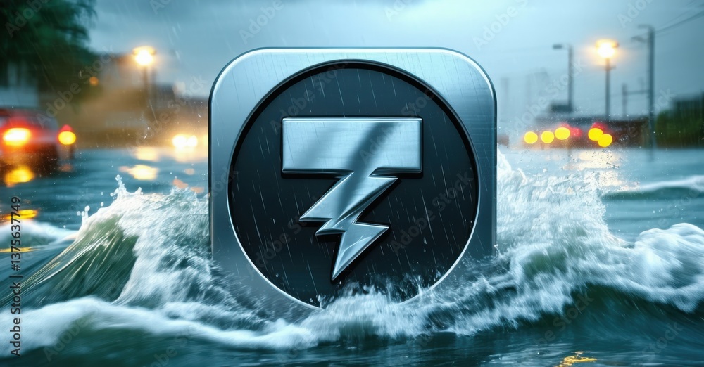 High tech silver and black storm surge and flooding alert app icon with ...