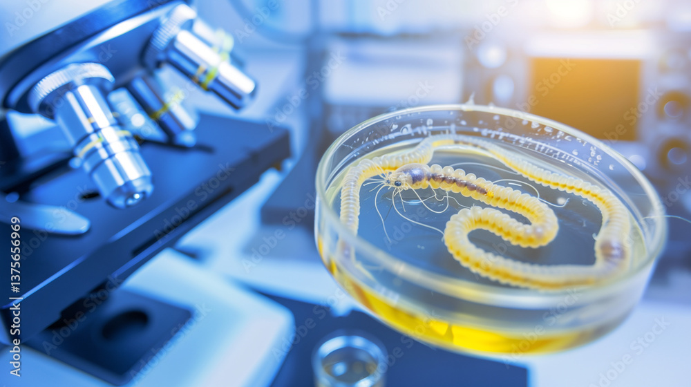 Microscopic view of parasitic worms in petri dish, magnified helminth ...