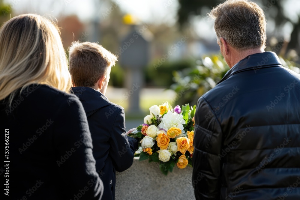 A poignant moment captured as a family stands at a gravesite, laying ...