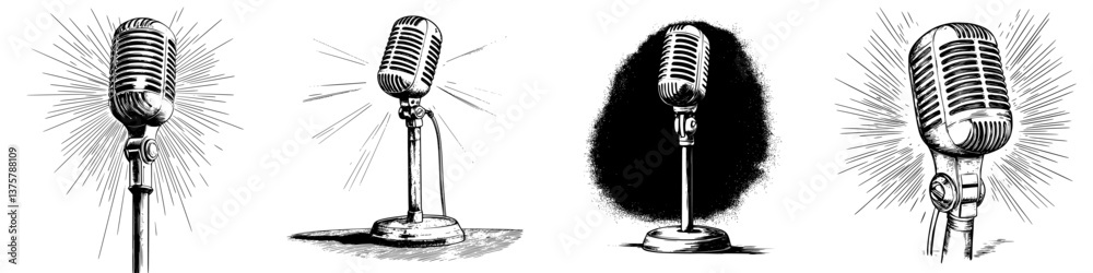 Stock-Vektorgrafik „Vintage microphones represent the evolution of ...
