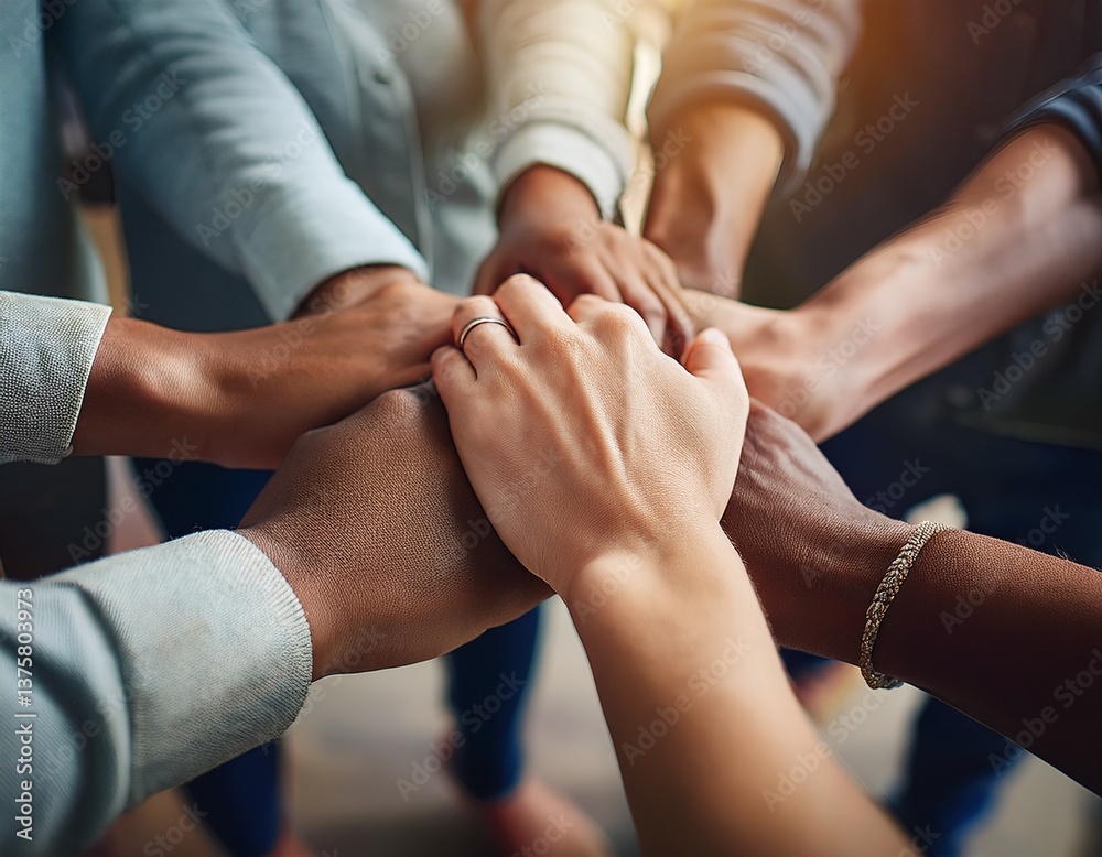 Primer plano de un grupo de personas en círculo, tomadas de la mano ...