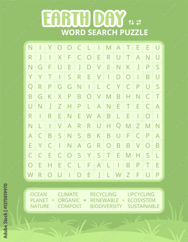 Earth Day word search puzzle game on a green background worksheet ...