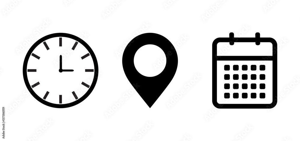 vector illustration of a clock, location, calendar, Time location and calendar icons, Event ...