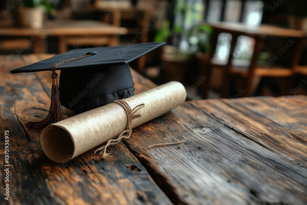 Graduation Milestone Symbolized by Cap and Diploma on Rustic Table ...