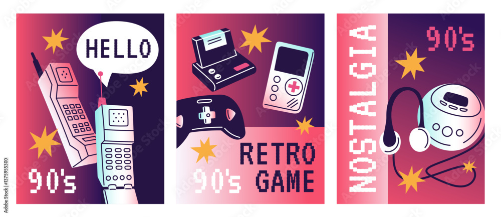 Old gadgets cards. 90s retro covers, gamepad, cartridge, headphones ...