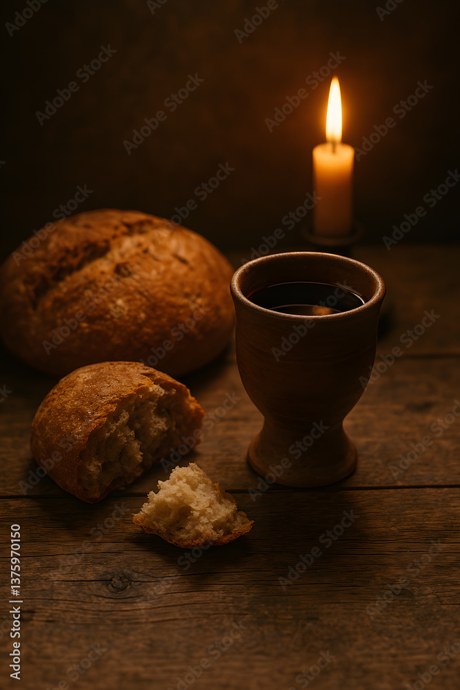 Rustic Communion Scene with Bread, Wine, and Candlelight – Symbolic ...