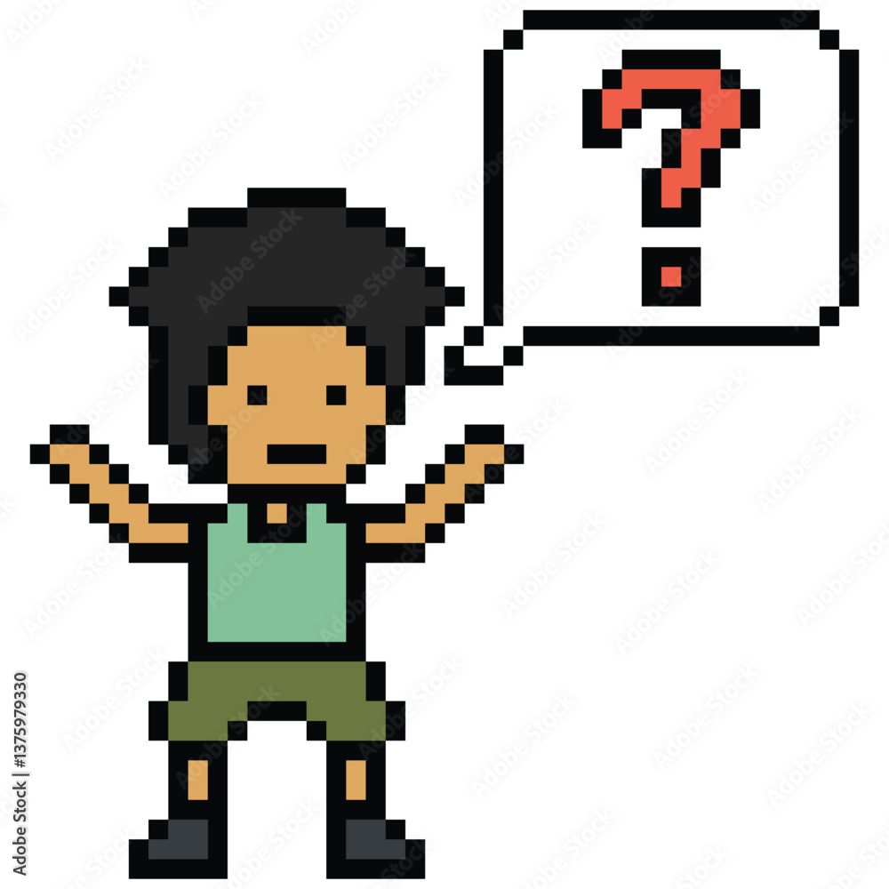 Cute pixel cartoon character man with question mark decoration 8 bit ...