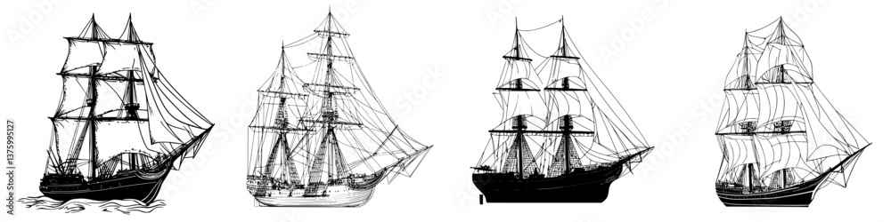 Different styles of historic sailing ships showcasing naval ...