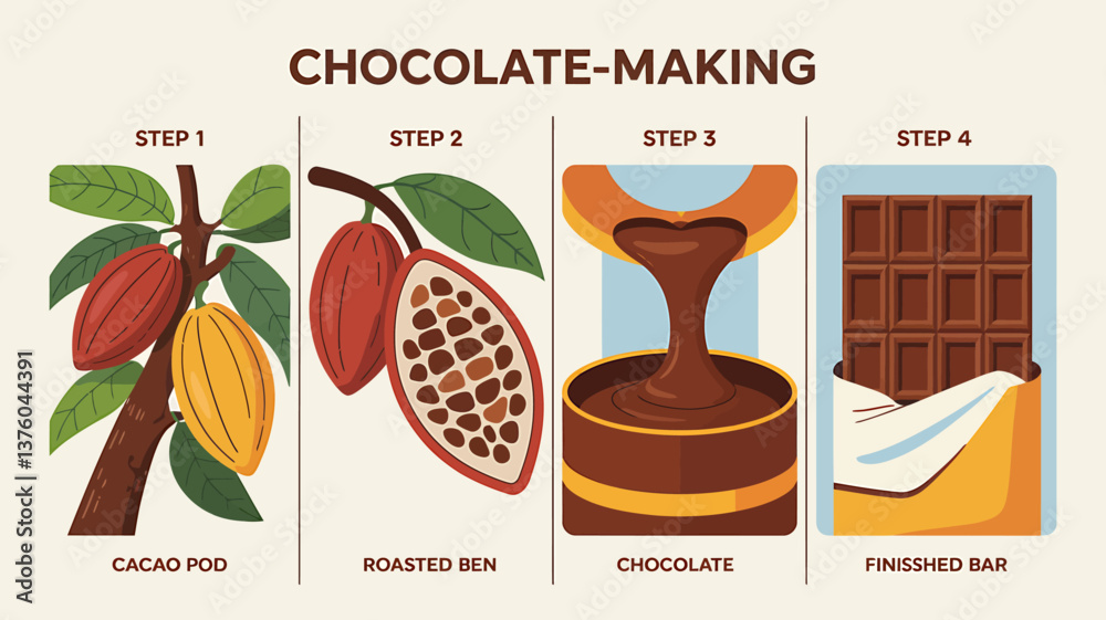 Chocolate Making Process Illustration: Cacao Pod to Finished Bar, Step ...